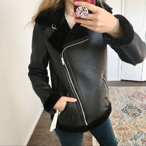 Aqua | Jackets & Coats | Aqua Nwt Fuzzy Black Bomber Moto Jacket | Poshmark